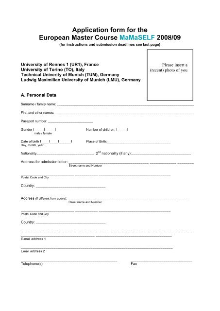 Application form for the European Master Course MaMaSELF 2008/09