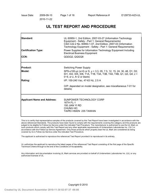 UL TEST REPORT AND PROCEDURE - Sunpower Technology Corp.