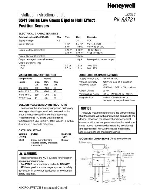 SS41 Series Low Gauss Bipolar Hall Effect Position Sensors