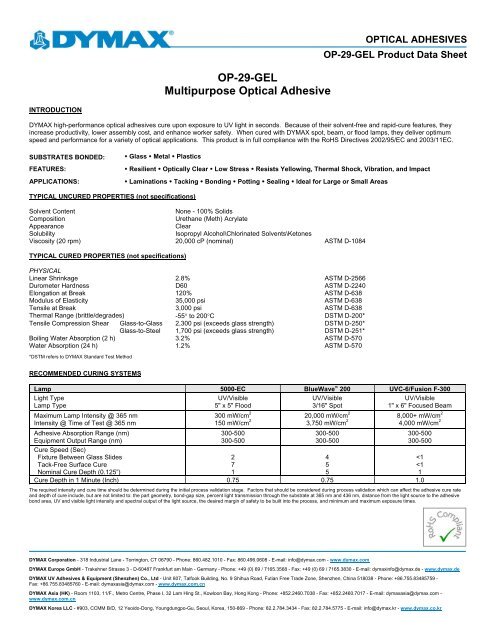 DYMAX OP-29-GEL Optical Adhesive Product Data Sheet
