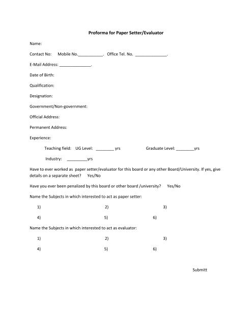 Proforma for Paper Setter/Evaluator