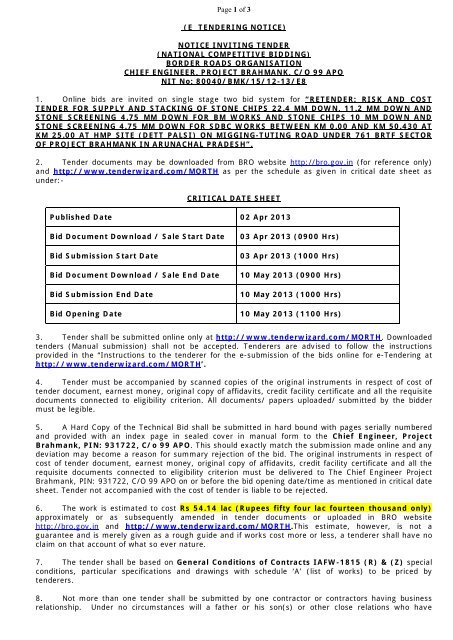 NOTICE INVITING TENDER - Bro.nic.in