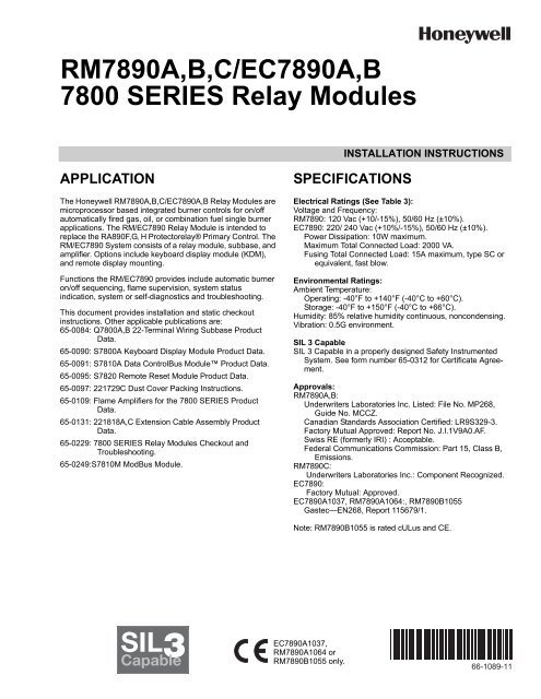 RM7890A,B,C/EC7890A,B 7800 SERIES Relay Modules - Honeywell