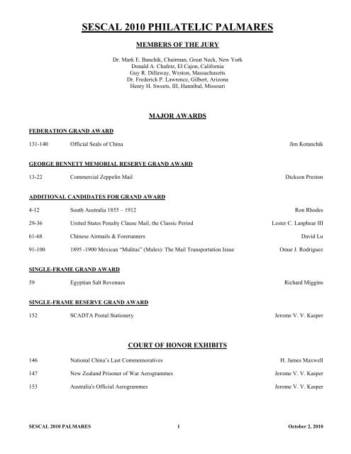 SESCAL 2010 PHILATELIC PALMARES
