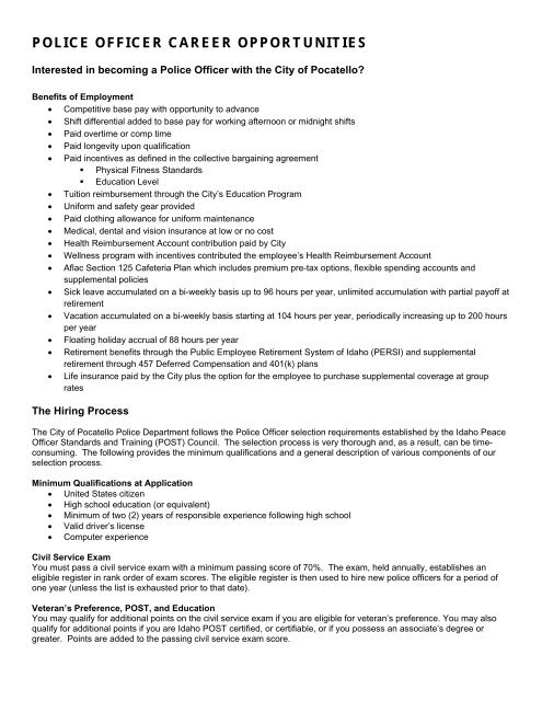 POLICE OFFICER CAREER OPPORTUNITIES - City of Pocatello