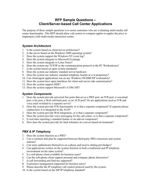 RFP Sample Questions â Call Center Applications - CRMXchange