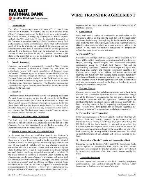 WIRE TRANSFER AGREEMENT Far East National Bank wire-transfer-agreement-far-east-national-bank