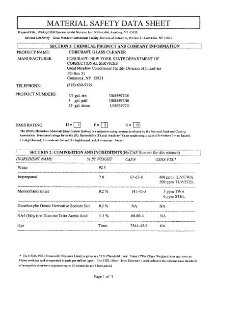Glass Cleaner MSDS Sheet - Corcraft