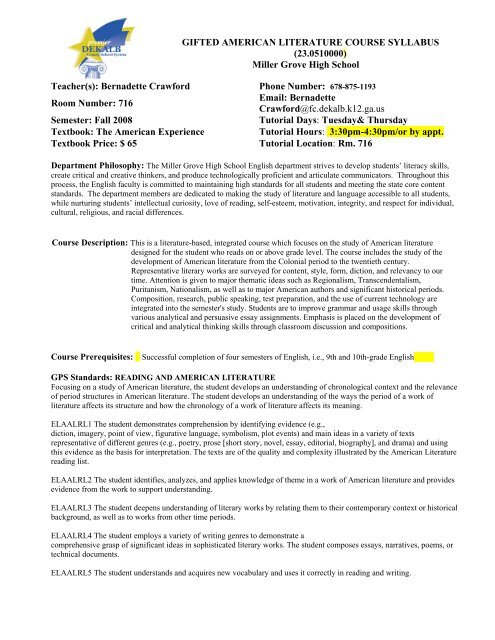 american literature course syllabus - DeKalb County Schools