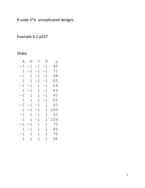 2^k unreplicated factorial designs p257