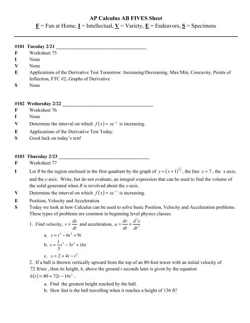 AP Calculus AB FIVES Sheet F = Fun at Home, I = Intellectual, V ...