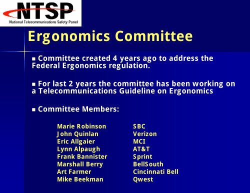 Ergonomics Committee - National Telecommunications Safety Panel