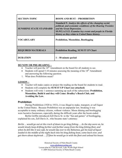 High School Lesson Plan - Prohibition - Palm Beach County History ...