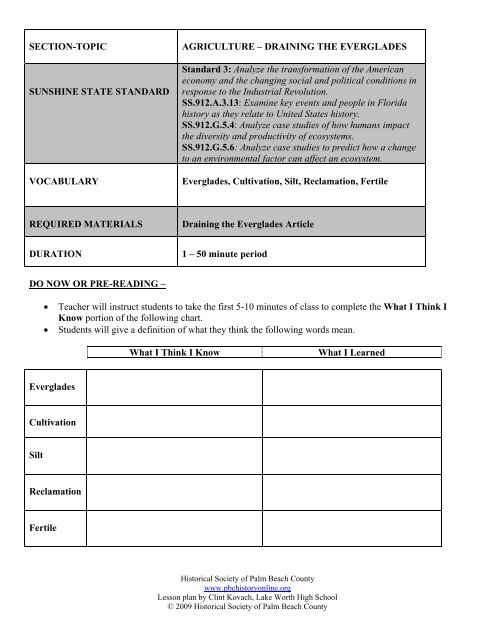 High School Lesson Plan - Draining the Everglades - Palm Beach ...