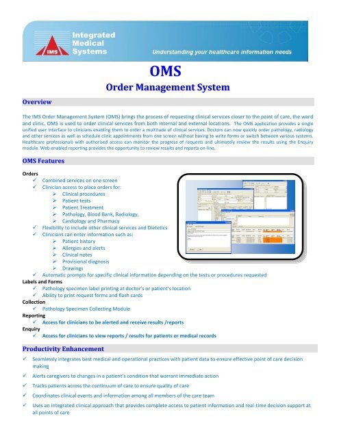 OMS Order Management System - Integrated Medical Systems