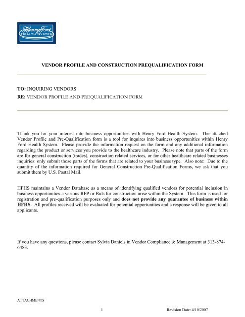 vendor profile and construction prequalification form to - Henry Ford ...