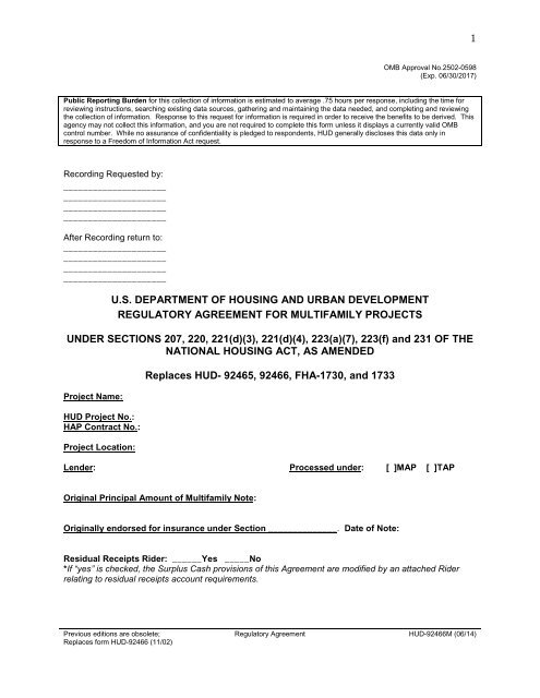 regulatory agreement for multifamily projects - HUD