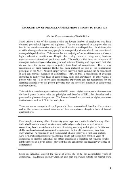 1 RECOGNITION OF PRIOR LEARNING: FROM THEORY TO ...