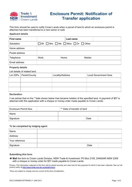 Enclosure Permit: Notification of Transfer application - Land