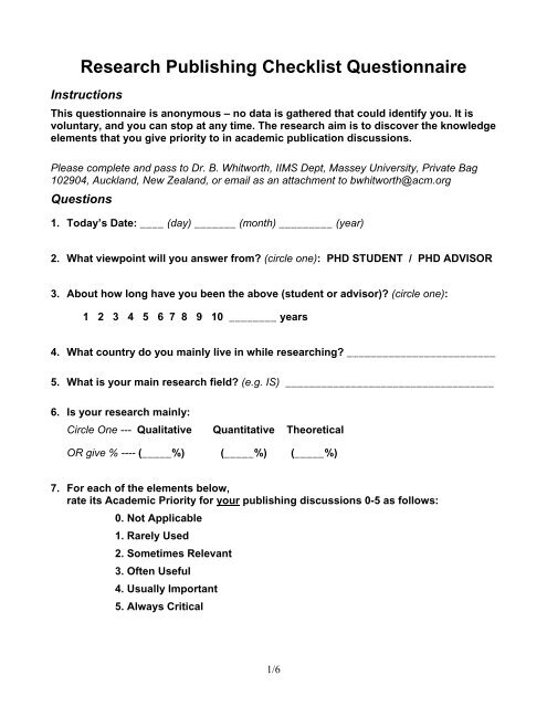 Research Publishing Checklist ionnaire Brian Whitworth
