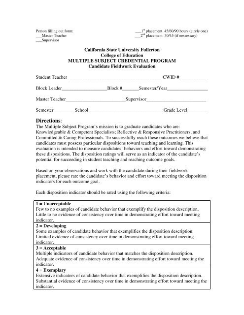 Fieldwork Evaluation Form - College of Education - California State ...