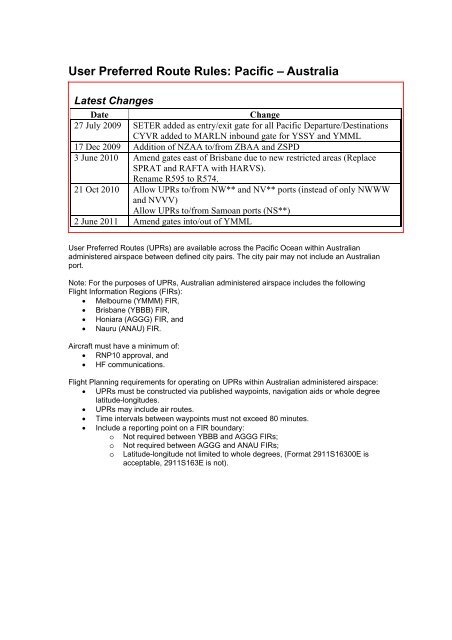 User Preferred Route Rules: East Asia - Australia - Airservices ...