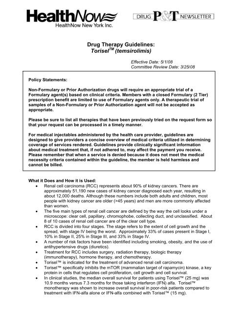 Drug Therapy Guidelines: Torisel (temsirolimis) - HealthNow New York