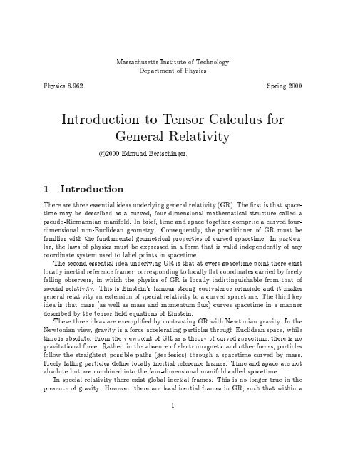 Introduction To Tensor Calculus For General Relativity Part I
