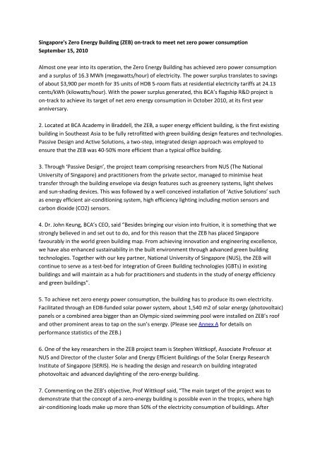 Singapore's Zero Energy Building (ZEB) on-track ... - BCA Green Mark