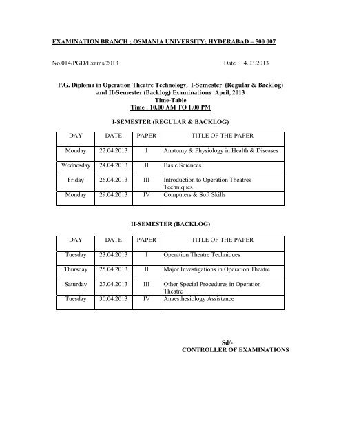 EXAMINATION BRANCH ; OSMANIA UNIVERSITY; HYDERABAD ...