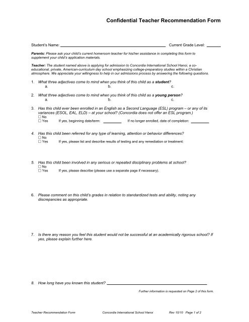 Confidential Teacher Recommendation Form - Concordia ...