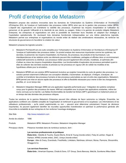 Profil d'entreprise de Metastorm