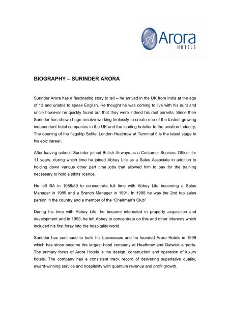 BIOGRAPHY â SURINDER ARORA - Arora Hotels