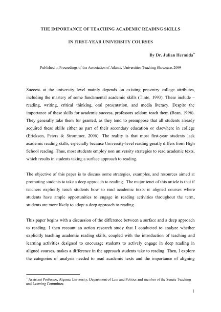 The Importance of Teaching Academic Reading Skills in First-Year ...