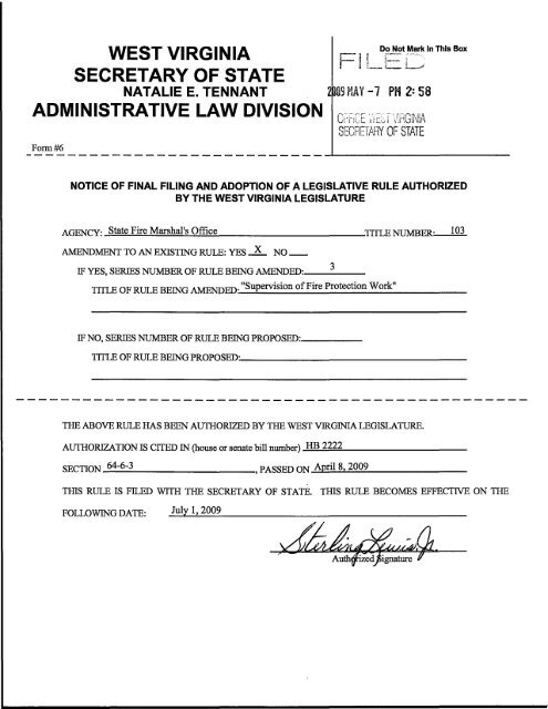 Supervision of Fire Protection Work - WV State Fire Marshal