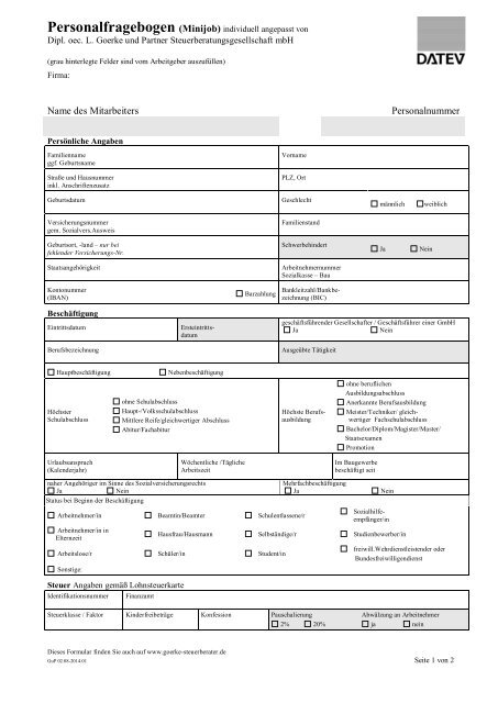 Name des Mitarbeiters Personalnummer - Goerke & Partner