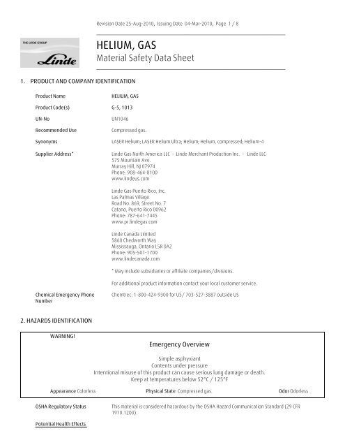 Helium - (MSDS) - Linde Gases