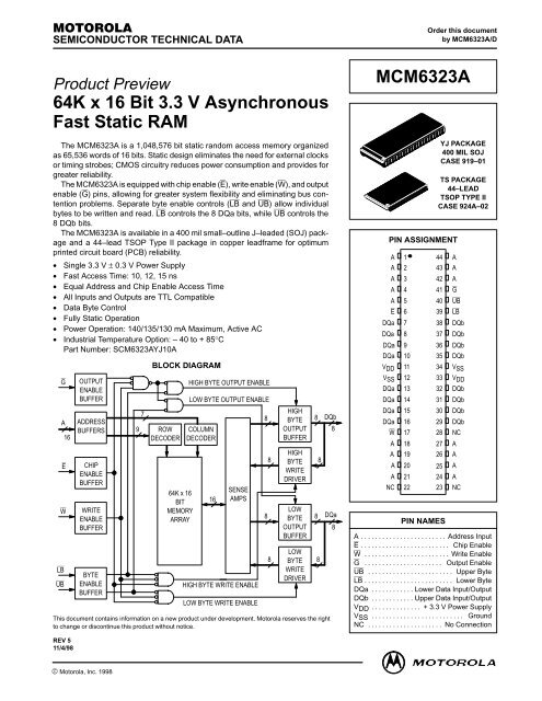 64K x 16 Bit 3.3 V Asynchronous Fast Static RAM MCM6323A