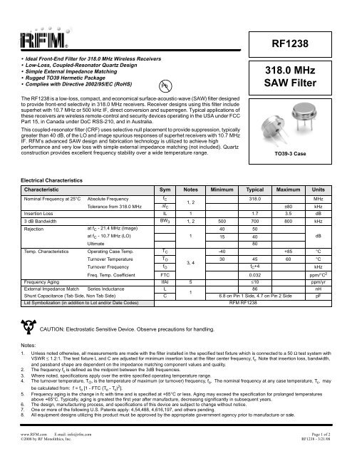 318.0 MHz SAW Filter RF1238 - RF Monolithics, Inc.