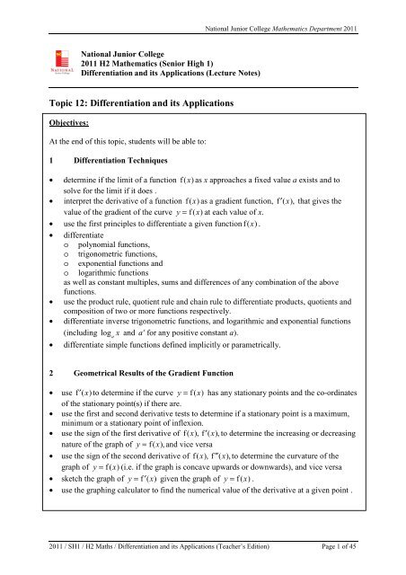 2011 SH1 H2 Mathematics Differentiation and its ... - ASKnLearn
