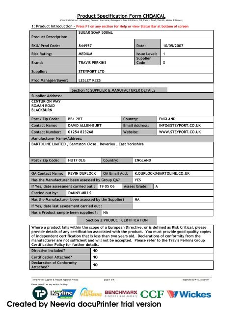 Product Specification Form CHEMICAL - Trademate Home Page
