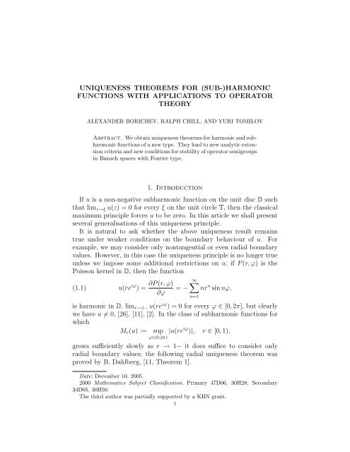 UNIQUENESS THEOREMS FOR (SUB-)HARMONIC FUNCTIONS ...