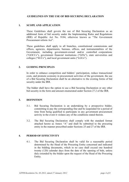 Guidelines on the Use of Bid Securing Declaration as an ... - GPPB