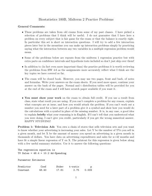 Biostatistics 100b Midterm 2 Practice Problems Ucla Biostatistics