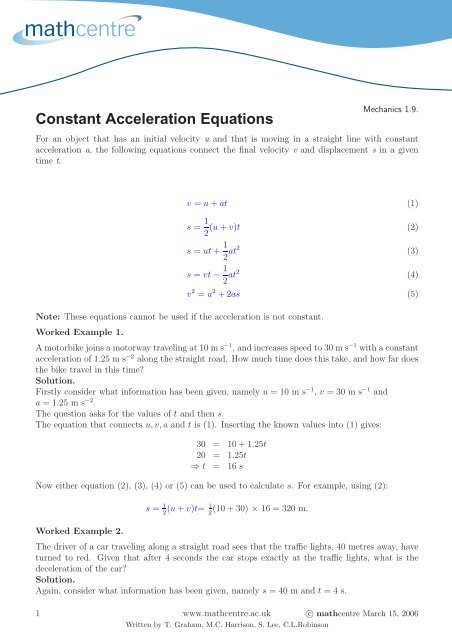 Constant Acceleration Equations