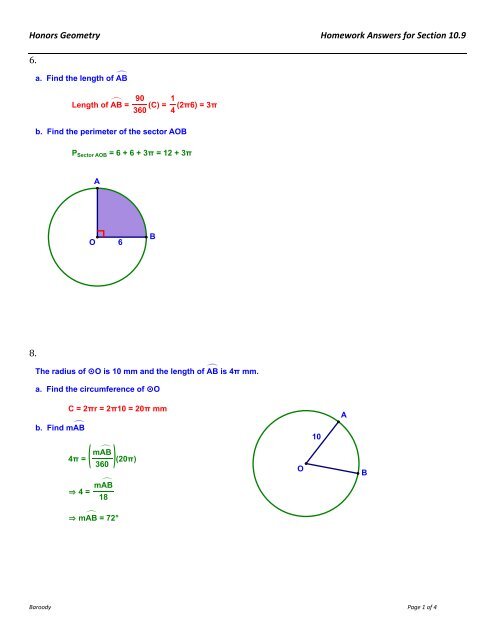 Honors Geometry Homework Answers for Section 10.9 6. 8. Honors Geometry Homework Answers for Section 10.9 6. 8.
