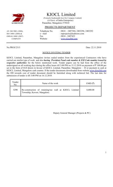 KIOCL Limited - The Kudremukh Iron Ore Company Limited