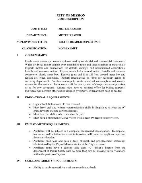 JOB DESCRIPTION-METER READER - City of Mission