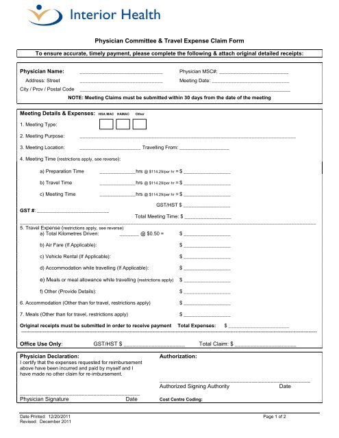 Physician Committee & Travel Expense Claim Form - Interior Health ...