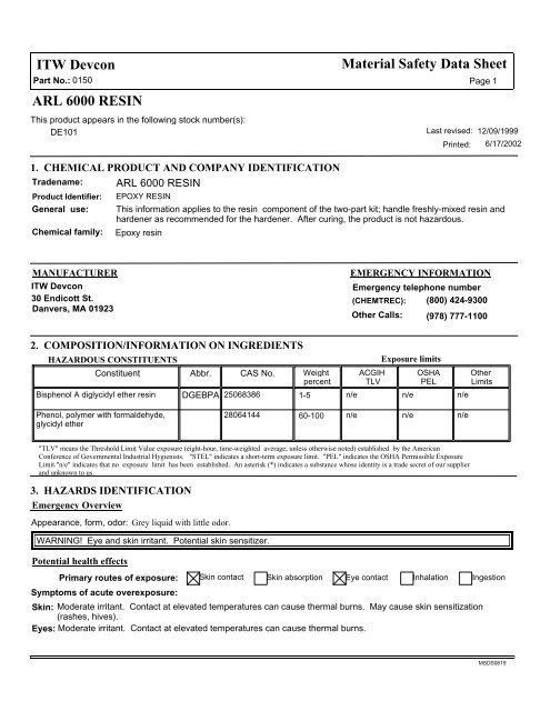ARL 6000 RESIN ITW Devcon Material Safety Data Sheet